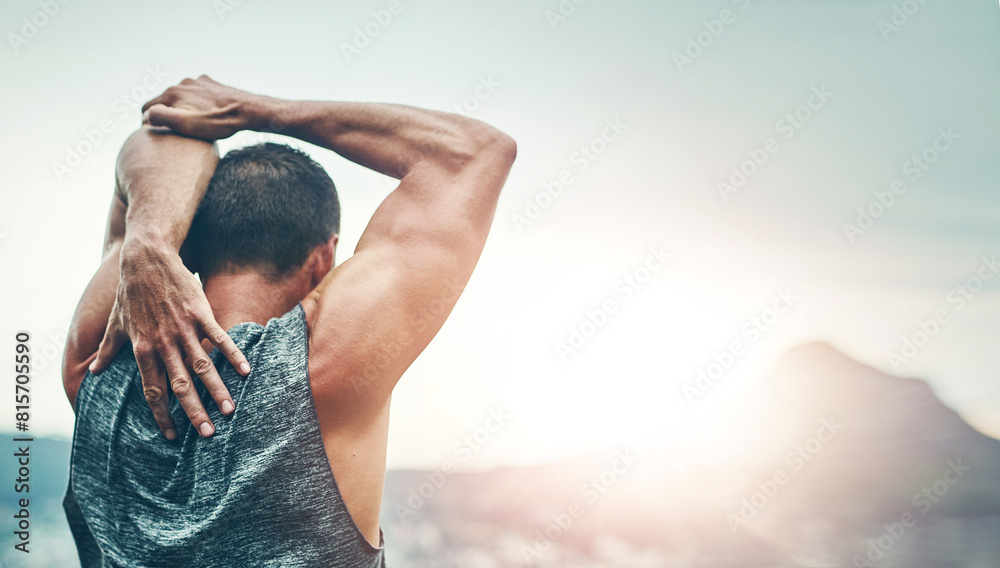 Man, training and runner stretching arms in morning for benefits to ...