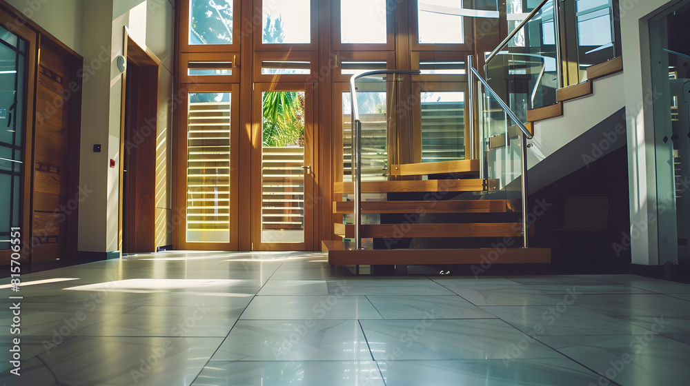 Welcoming entry interior with large wooden and glass doors hardwood and ...