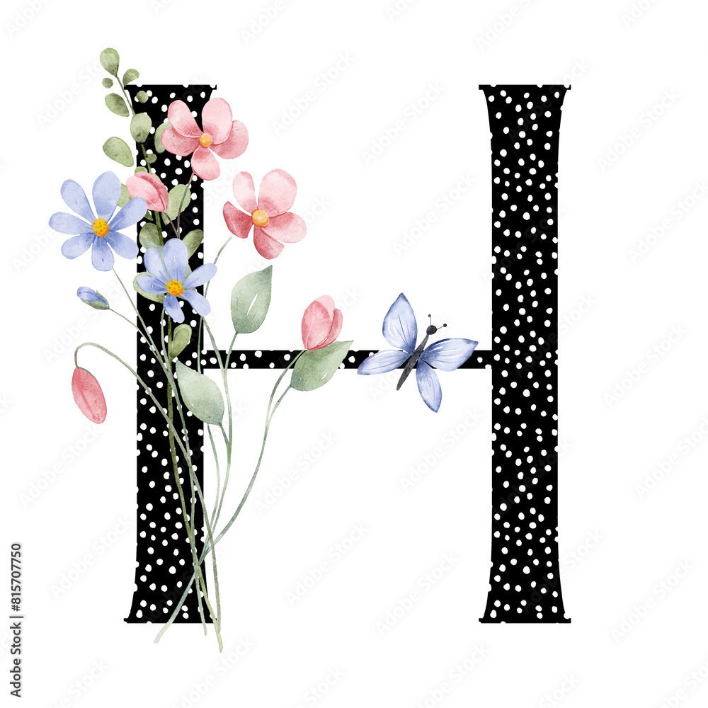 Letter H, floral monogram with watercolor wild flowers and leaf ...