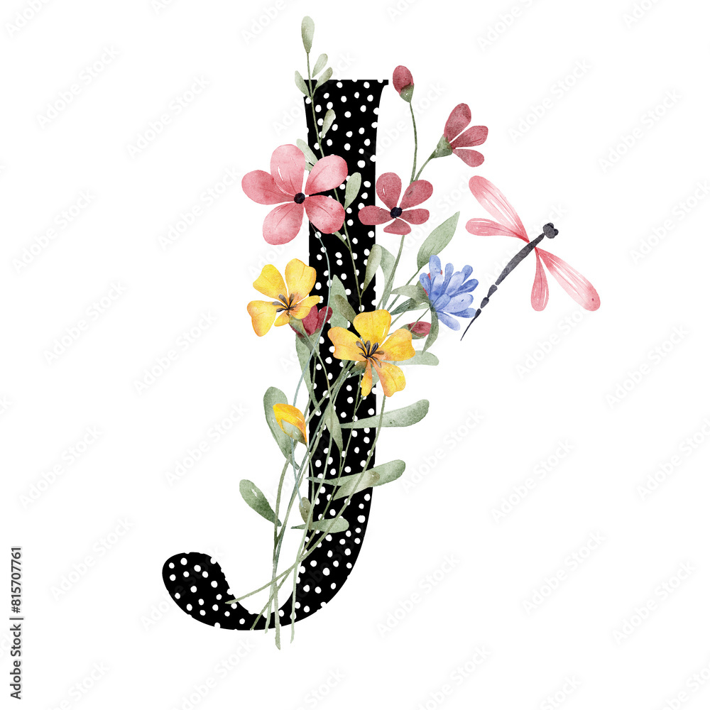 Letter J, floral monogram with watercolor wild flowers and leaf ...