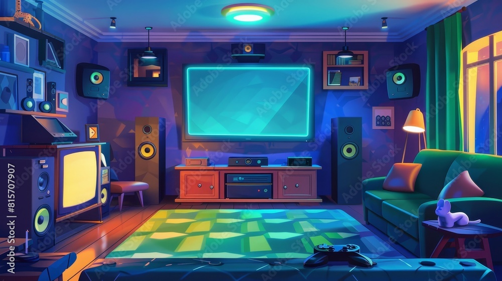 At night, a living room with a tv, a game console, speakers, chairs, a ...