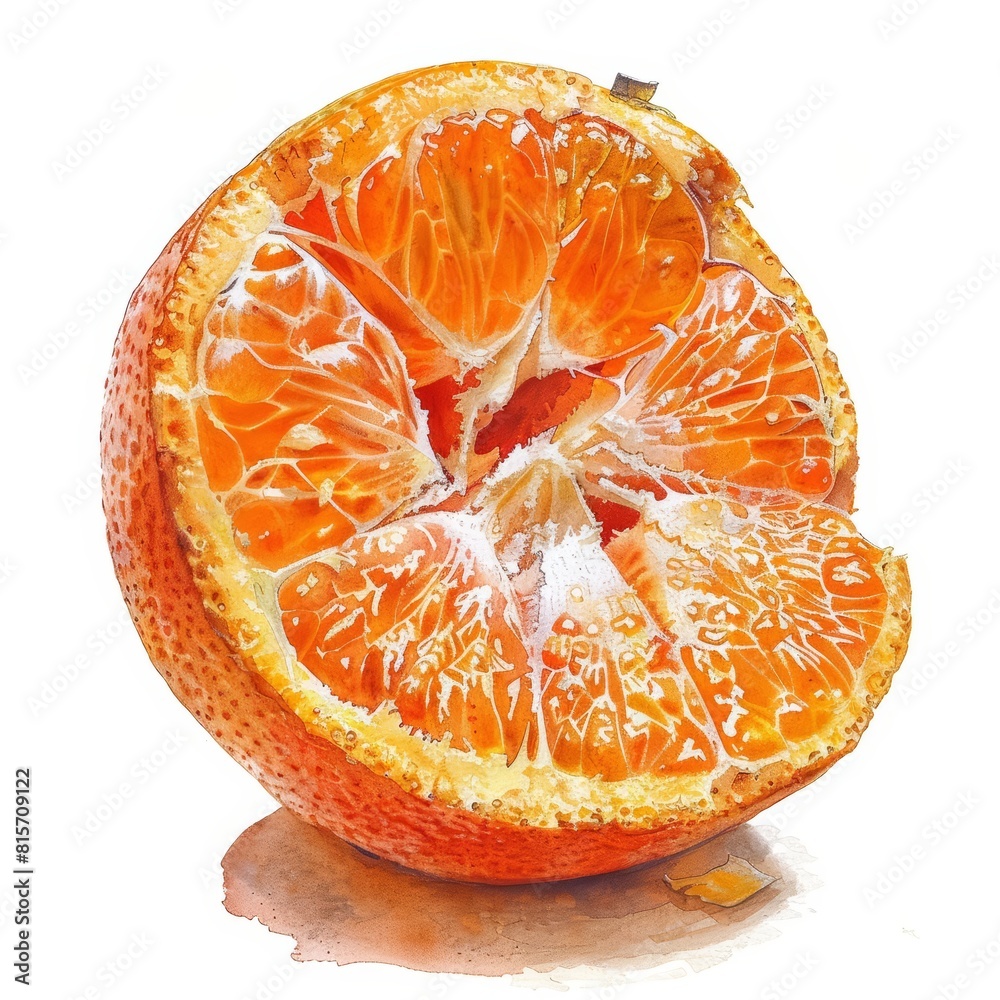 This detailed watercolor of a Clementine showcases a peeled segment ...