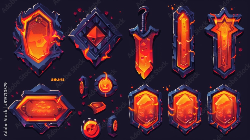 The set includes modern cartoon lava game buttons along with sprite ...