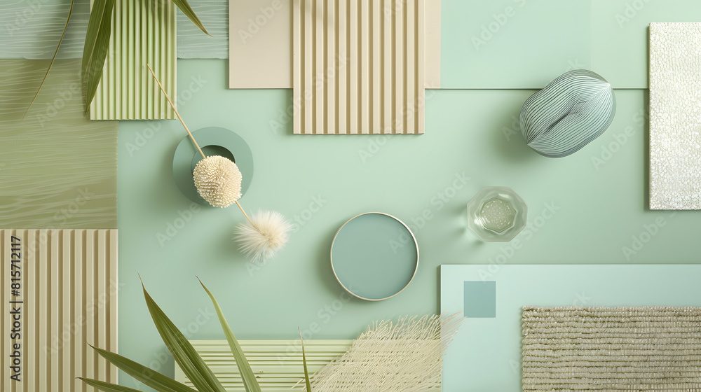 Elegant flat lay composition in green blue and beige color palette with ...