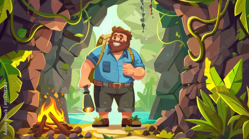 Animated modern illustration of a happy man with backpack exploring a ...