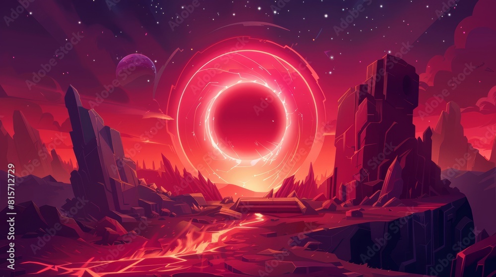 Infernal cosmic ground with star in sky. Aura effect in hell gate ...