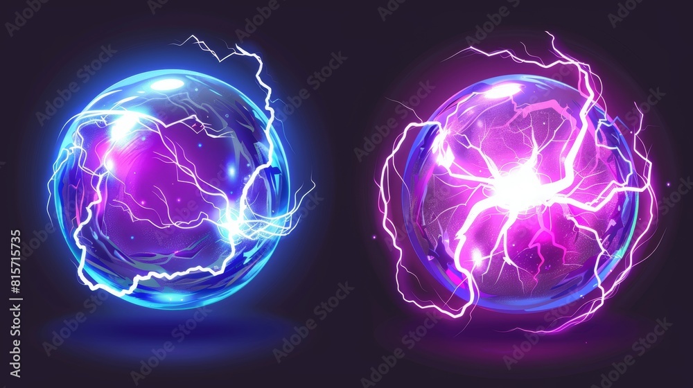 An electric ball bursting with lightning in a circle bolt explosion ...