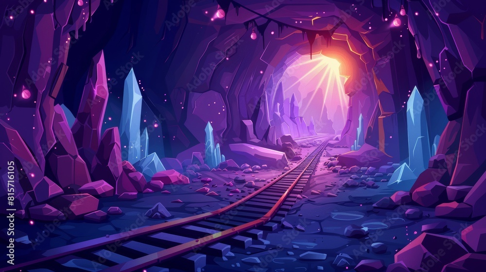 An underground mountain shaft tunnel cartoon illustration with a ...