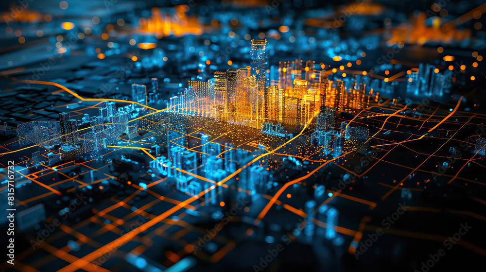 Technical visual illustration, mountain 3D LiDAR GIS aerial map urban ...