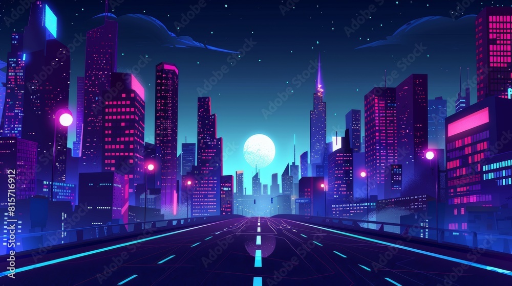 An animated game landscape showing a street at night and a building in ...