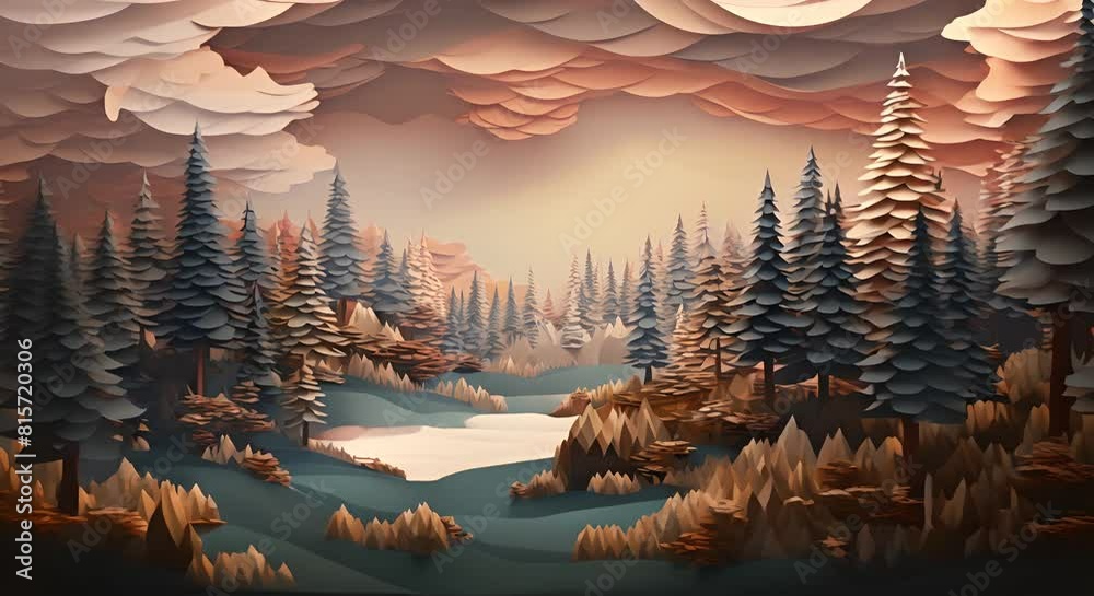 Paper-cut style depiction of deforestation, realistic 3D trees falling ...