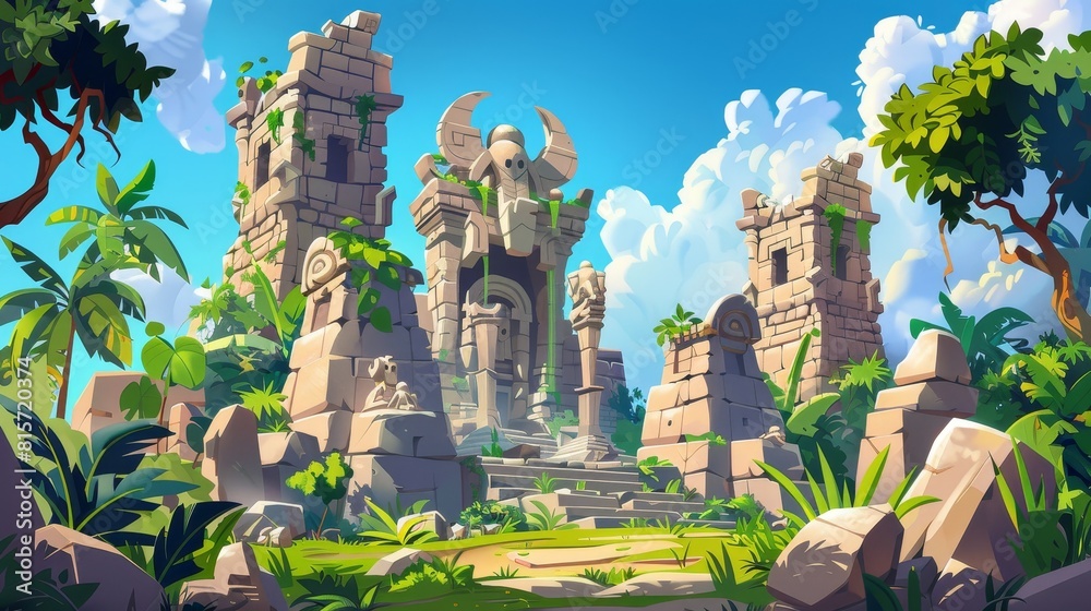 An ancient ruin of buildings and statues from a lost civilization ...