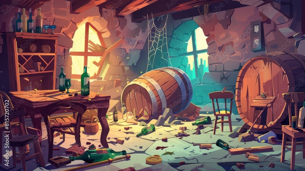 Decorative cartoon modern illustration of an abandoned wine cellar with ...