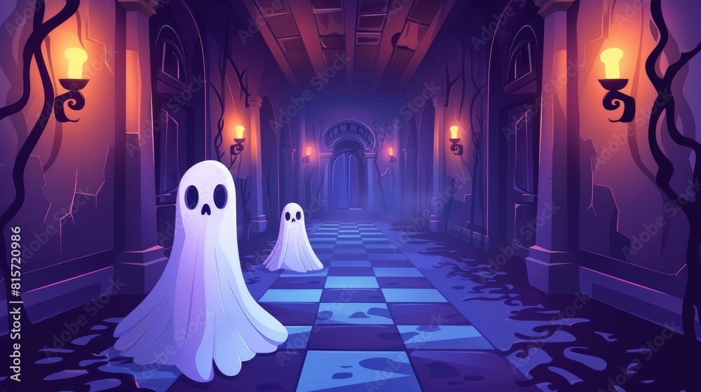 ภาพประกอบสต็อก Halloween dark spooky corridor with ghost couple ...