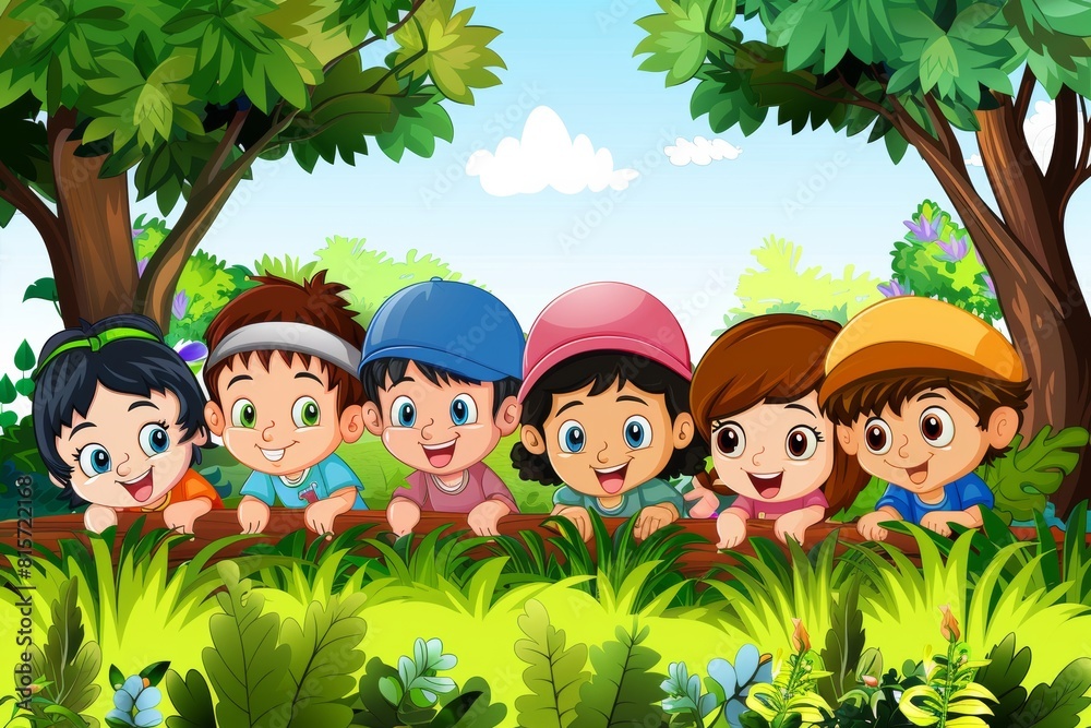 Group of happy kids in the jungle illustration. Cartoon vector ...