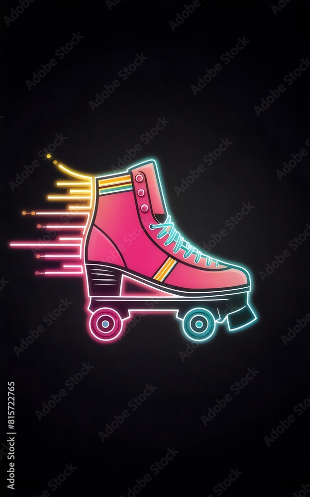 Pink neon glowing roller skate with retro streams of colors bleeding ...