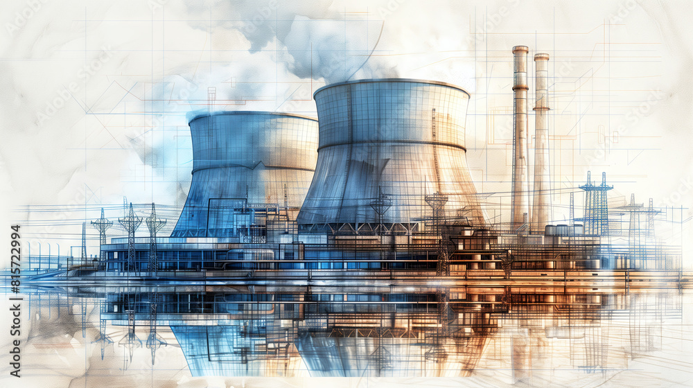 Nuclear power plant design, architectural drawings Stock Illustration ...