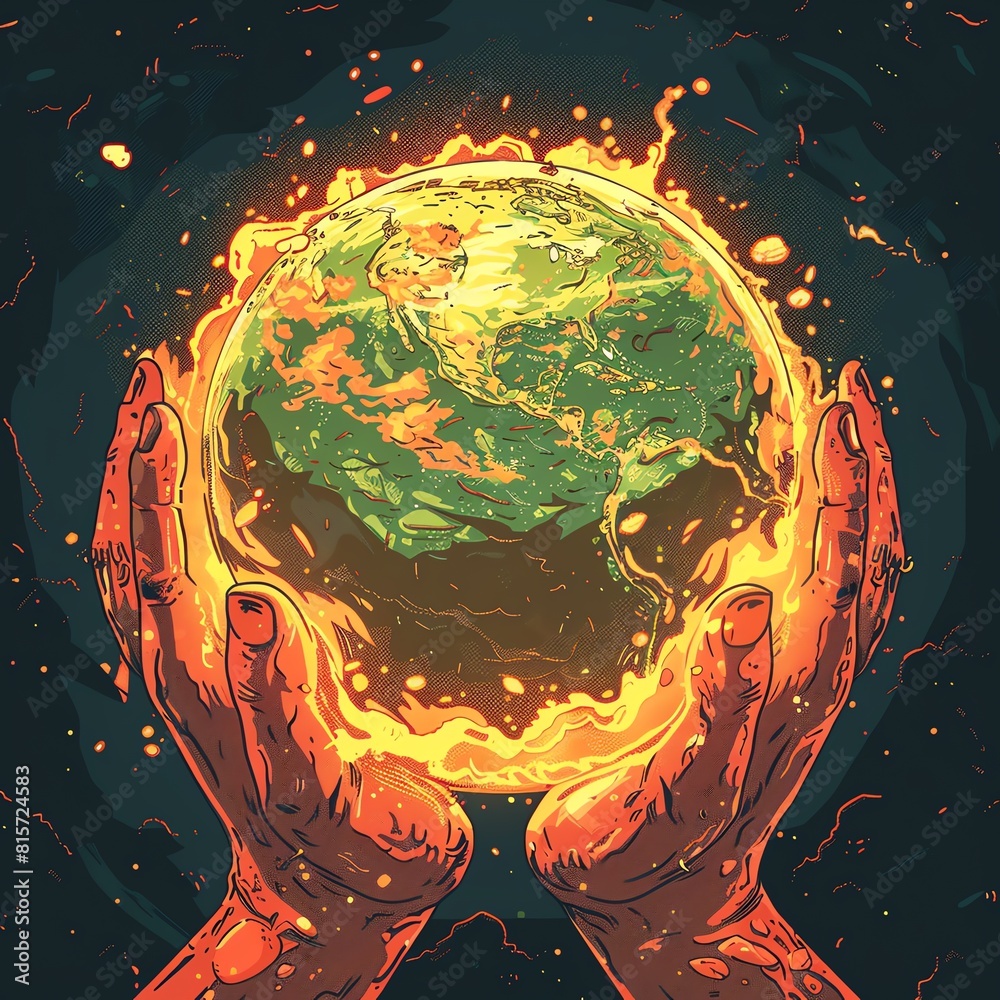 Fiery Earth held aloft flat design top view apocalypse scenario visual ...