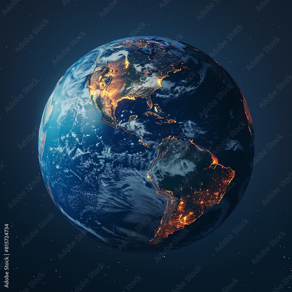 Illuminated earth globe flat design top view night time study theme 3D render Split ...