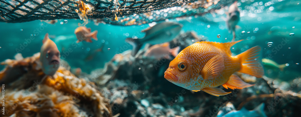 Sea fish swimming under waste fishing nets underwater, highlighting ...