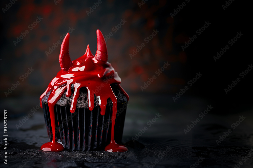Spooky frosting chocolate cupcake with devil satan horns red liquid ...