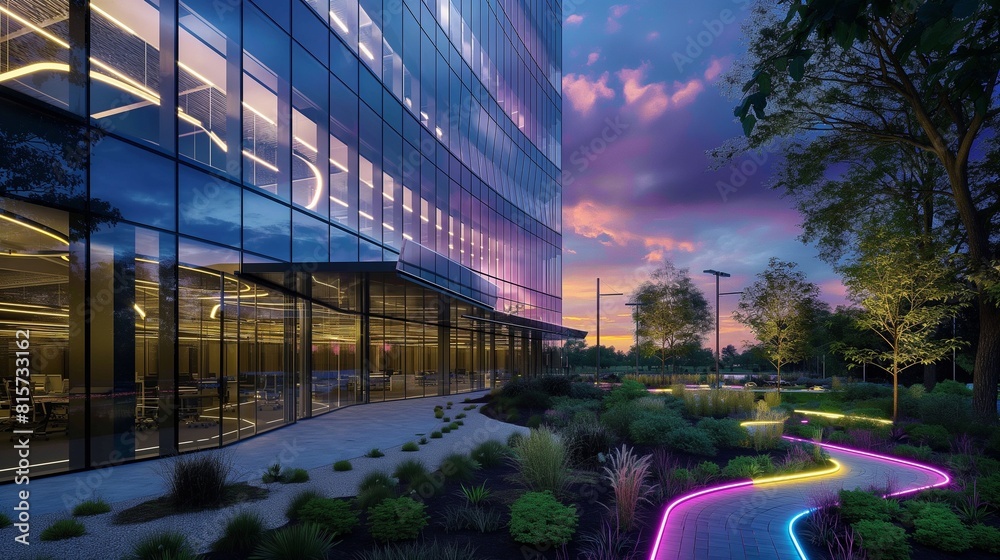 An office building at twilight, its glass facade reflecting the vibrant ...