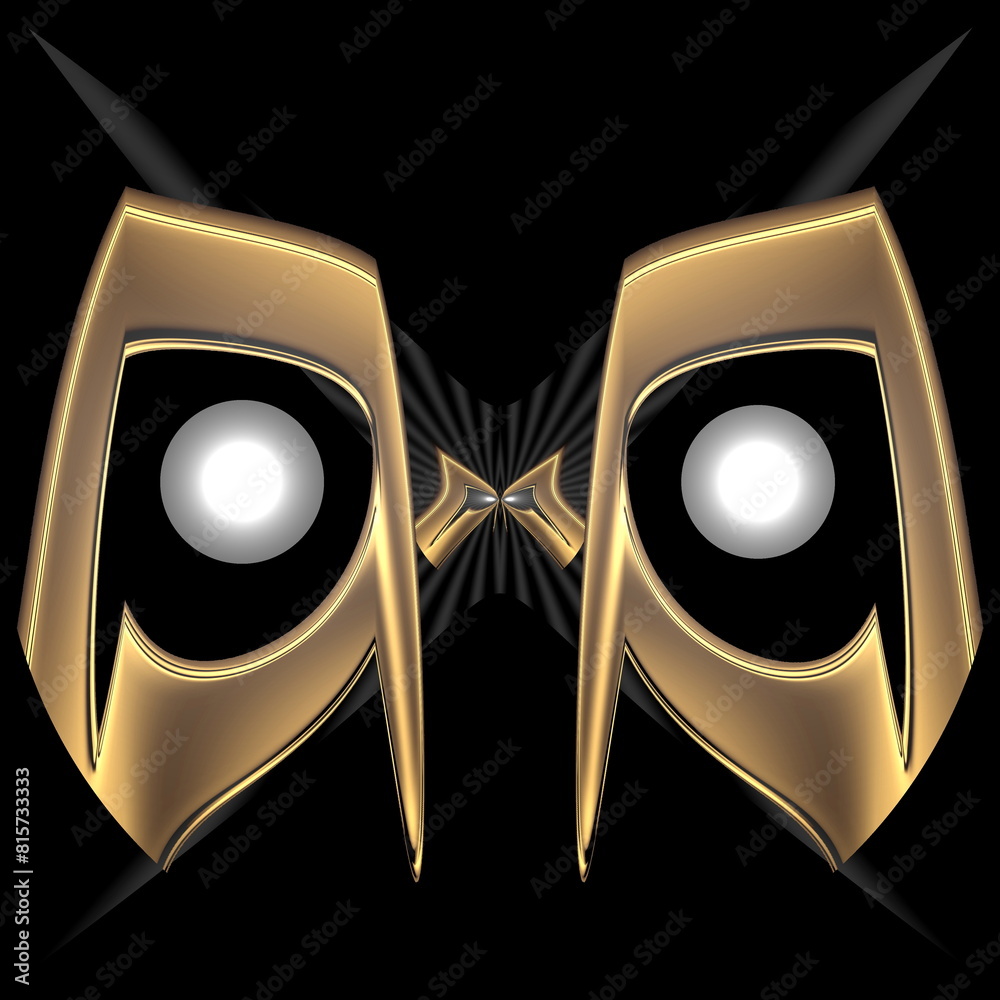 golden surreal mask with 2 eyes of light on a black background, with ...