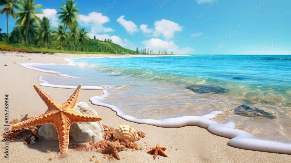 summer beach scene with beach view, some sea snails on beach sand star ...