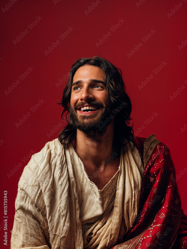 A smiling man who looks like Jesus on a red background. Modern ...
