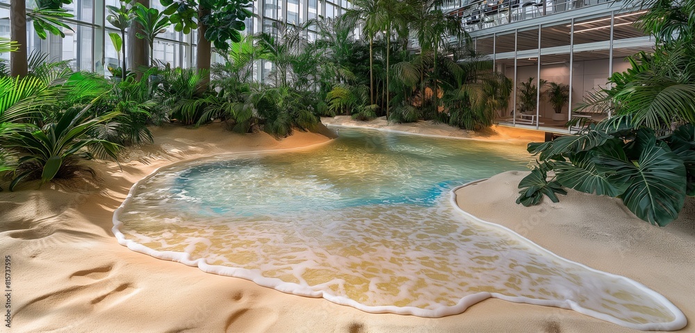 An office leisure pool with a wave machine and sandy beach area ...