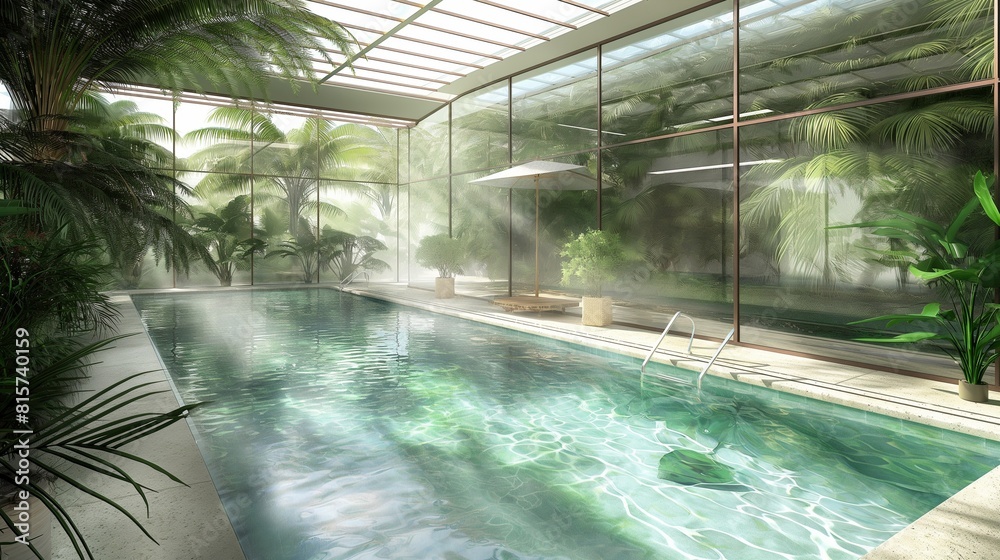 An office pool set within a glass-enclosed atrium, allowing natural ...