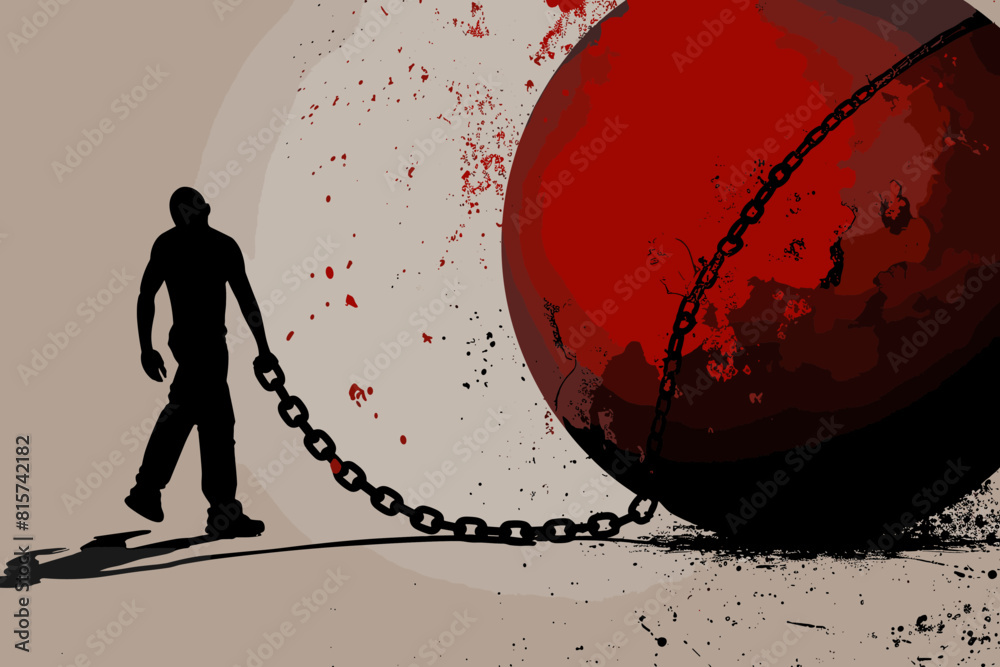 Black Silhouette of Man's Leg Chained to Giant Prison Ball, Symbolizing ...