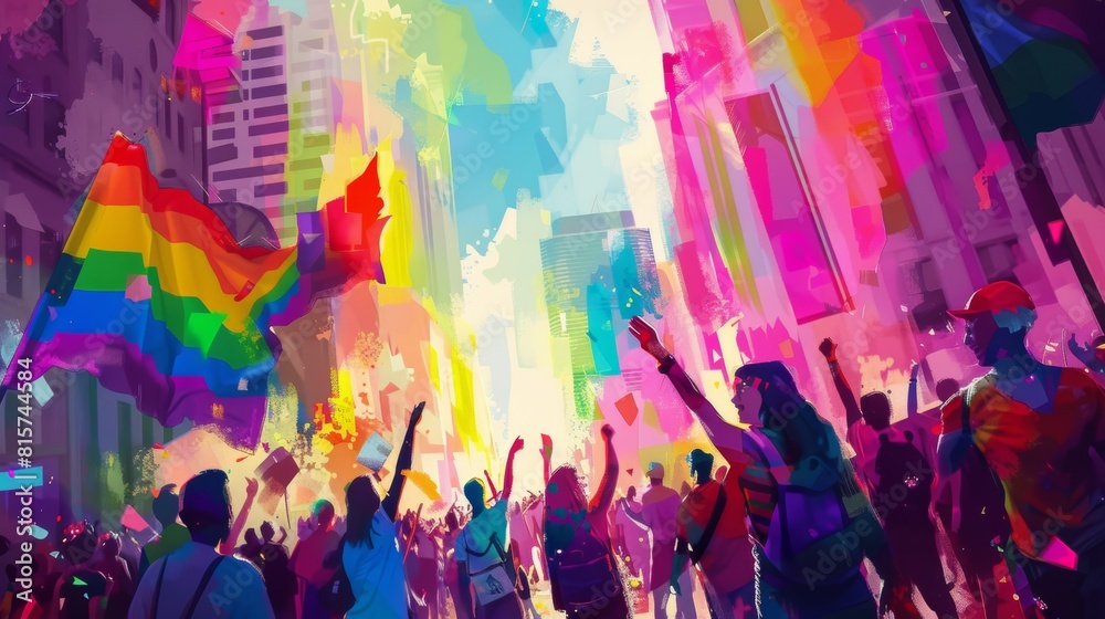 A joyful Pride parade with LGBTQ+ individuals from diverse backgrounds ...