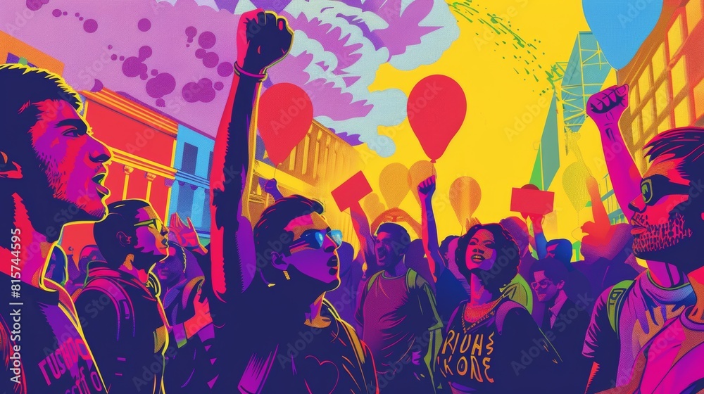 A pop art depiction of a 1990s LGBTQ+ rights protest, with bold colors ...