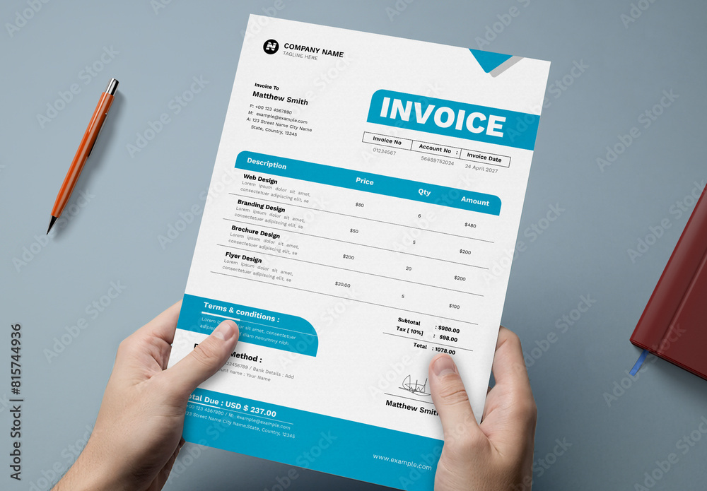 Invoice Layout With Blue Accents Stock Template | Adobe Stock