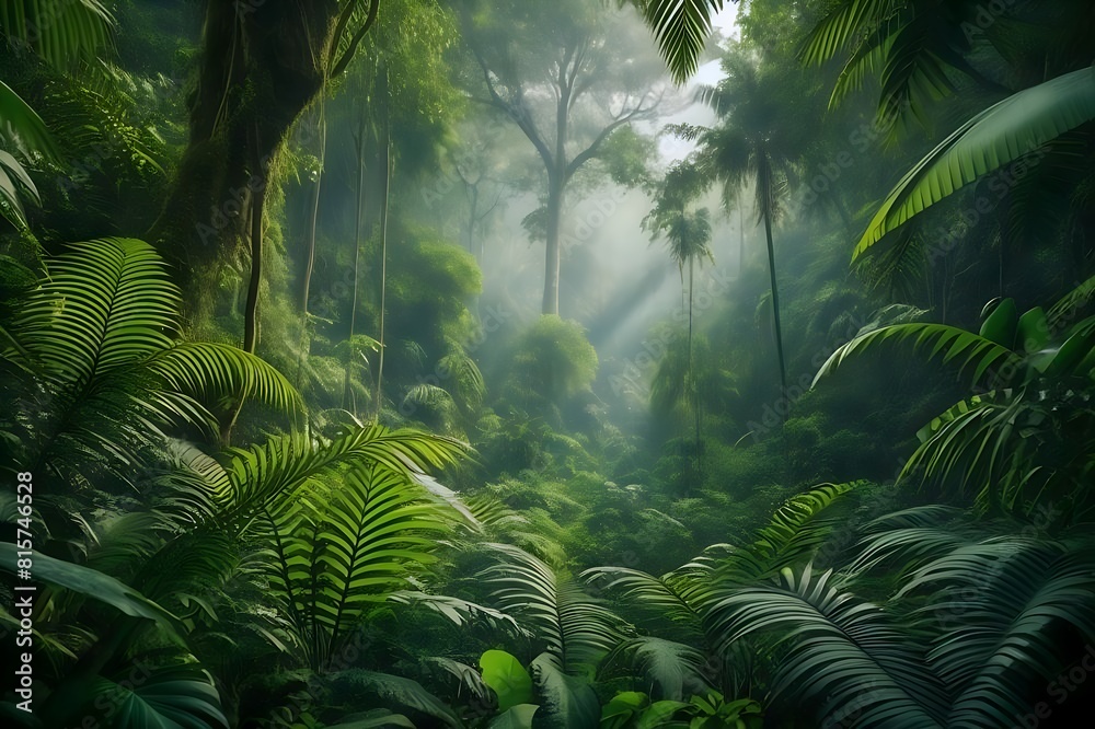 Nature background a lush, dense tropical rainforest with towering trees ...