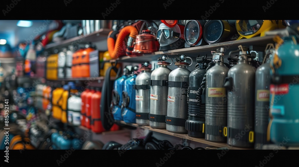 shop display showcasing a wide range of diving equipment, from masks ...