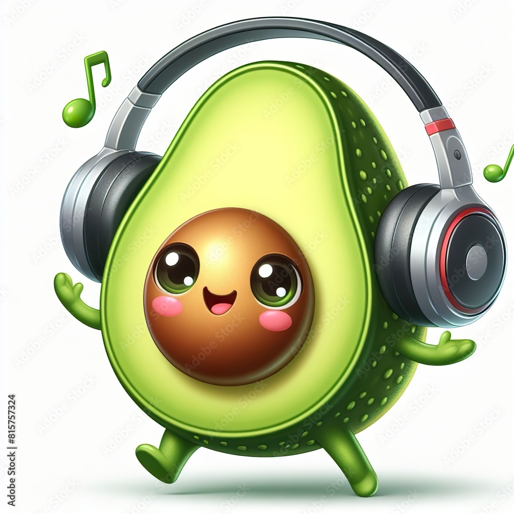 cute funny cartoon avocado with small wireless headphone on head ...