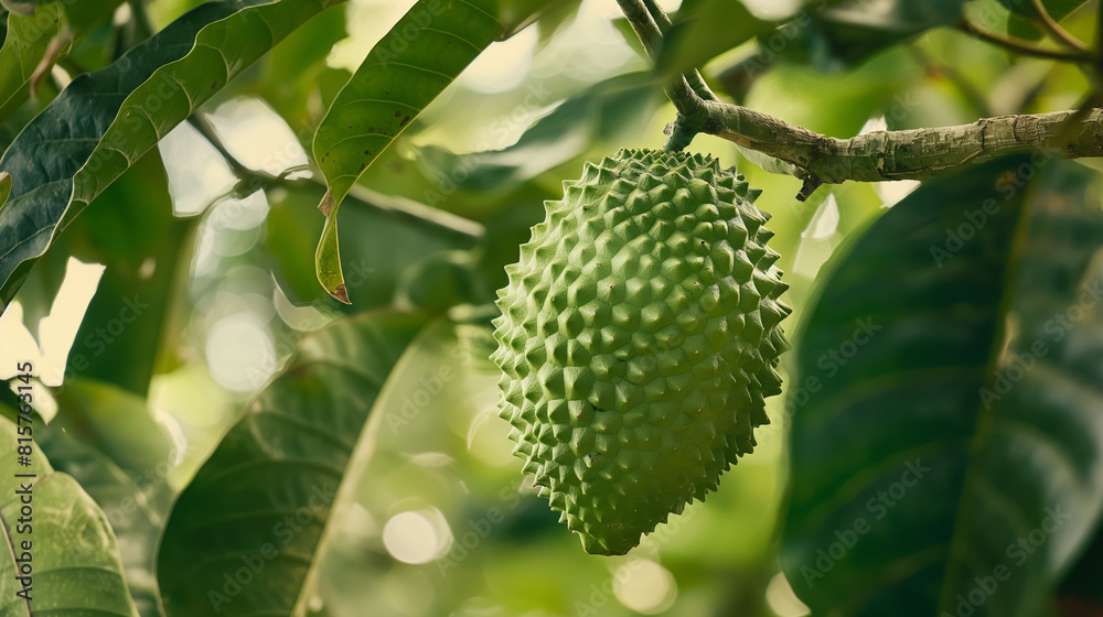 a soursop fruit growing on a tree. The fruit is green and bumpy, and ...