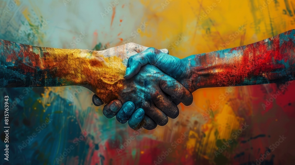 Two hands painted in different colors are reaching out to shake. The ...