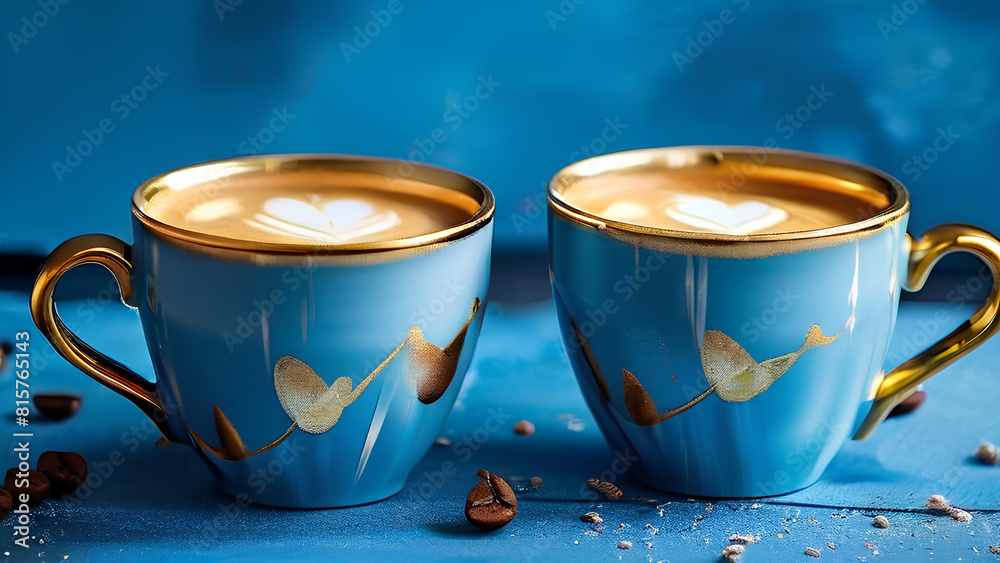 Elegant Coffee Duo - Light Blue Cups with Golden Border, Topped with ...