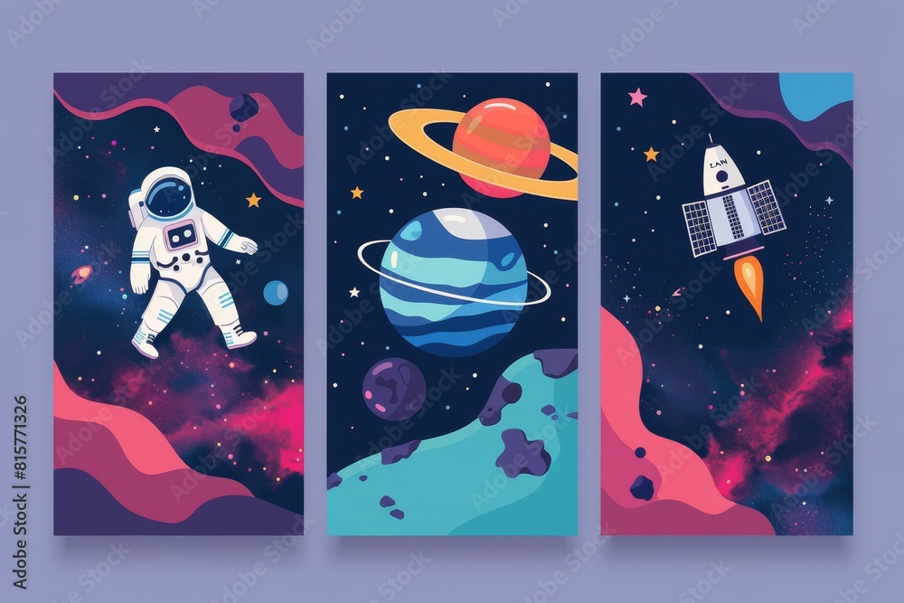 Designs for posters with the and an astronaut floating in space, in a ...