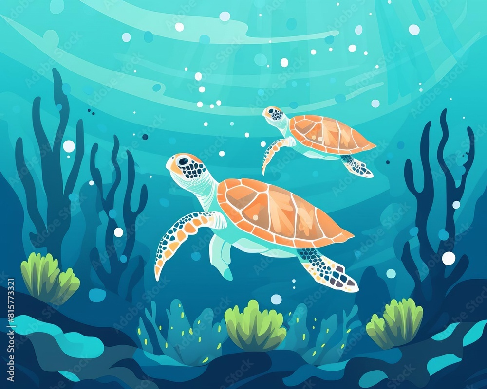 Sea turtles flat design top view migration paths theme animation ...