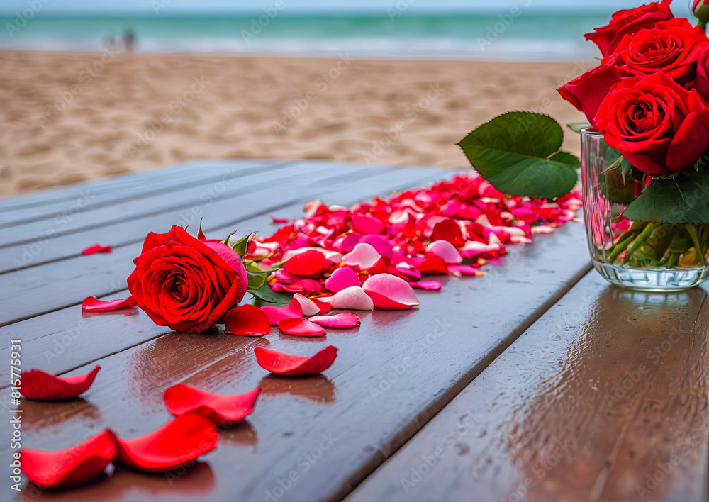 Red rose on the sandy beach. rose arrangement on the seaside, sunny ...