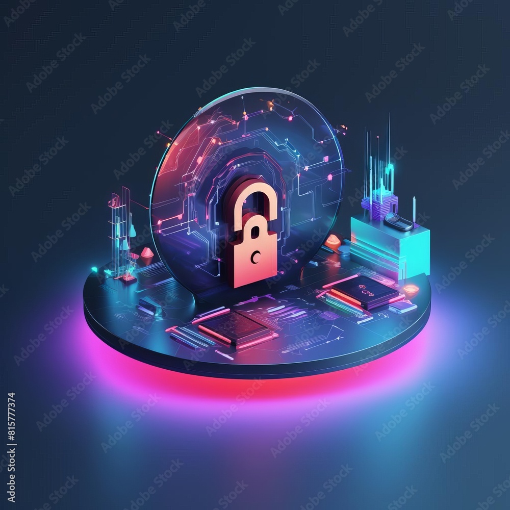 Network security flat design front view cyber defense theme 3D render ...