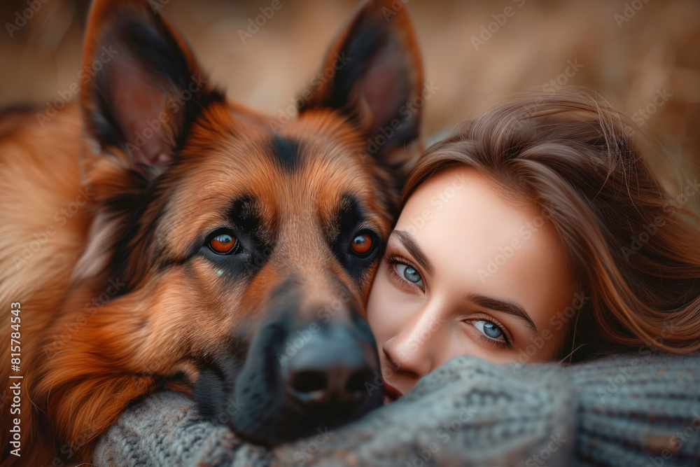 German shepherd is relaxing with its owner girl in restful environment ...