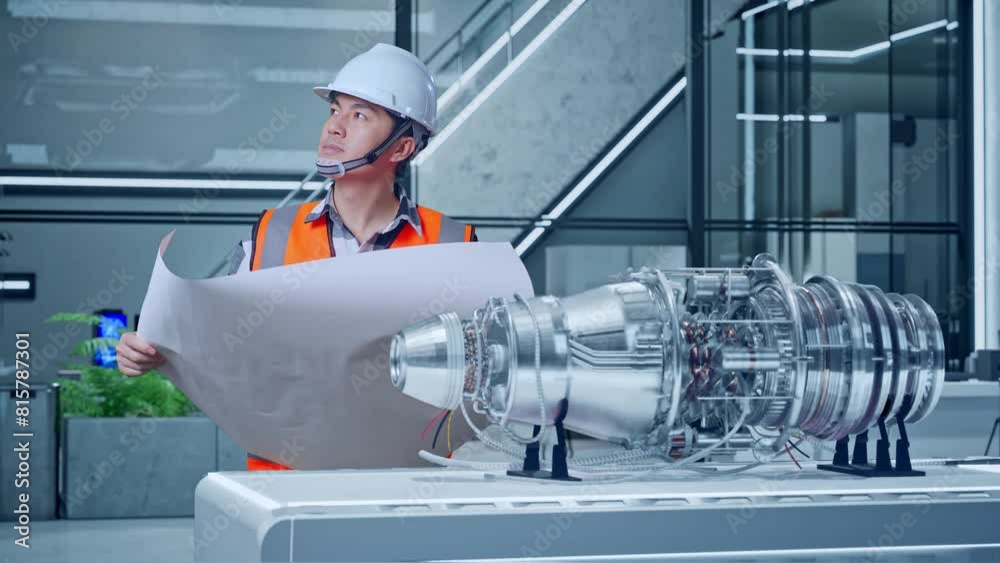 Asian Male Engineer With Safety Helmet Looking At Blueprint In His ...
