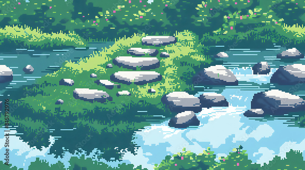 8-Bit Pixel River Pathway with Stones Pattern - Seamless tile. Endless ...