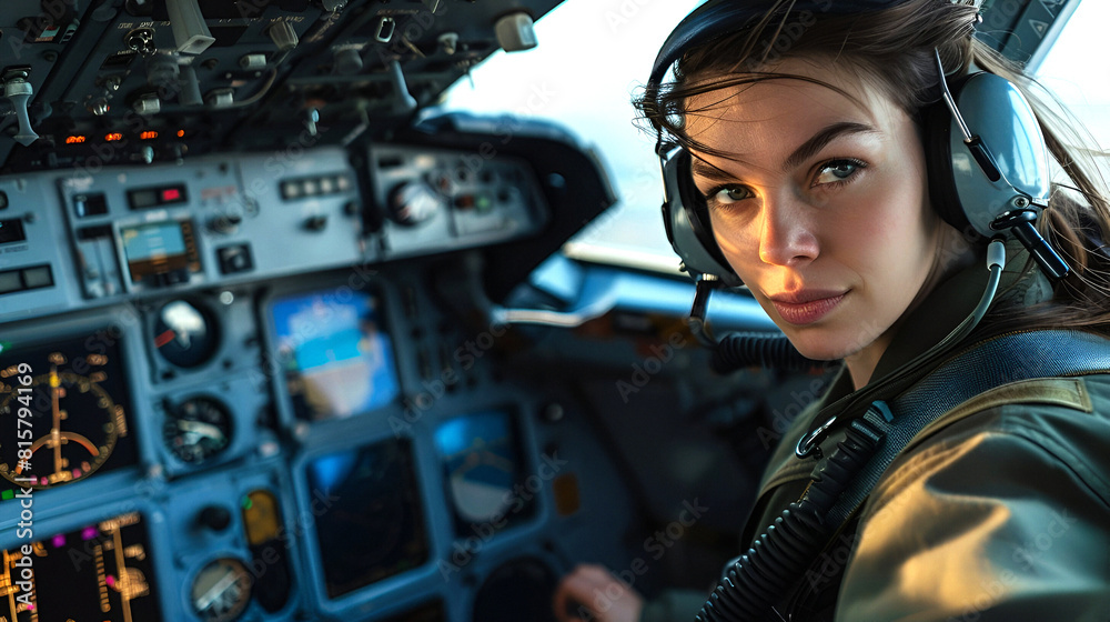 A female pilot in the cockpit of an AI plane is ready for takeoff Stock ...