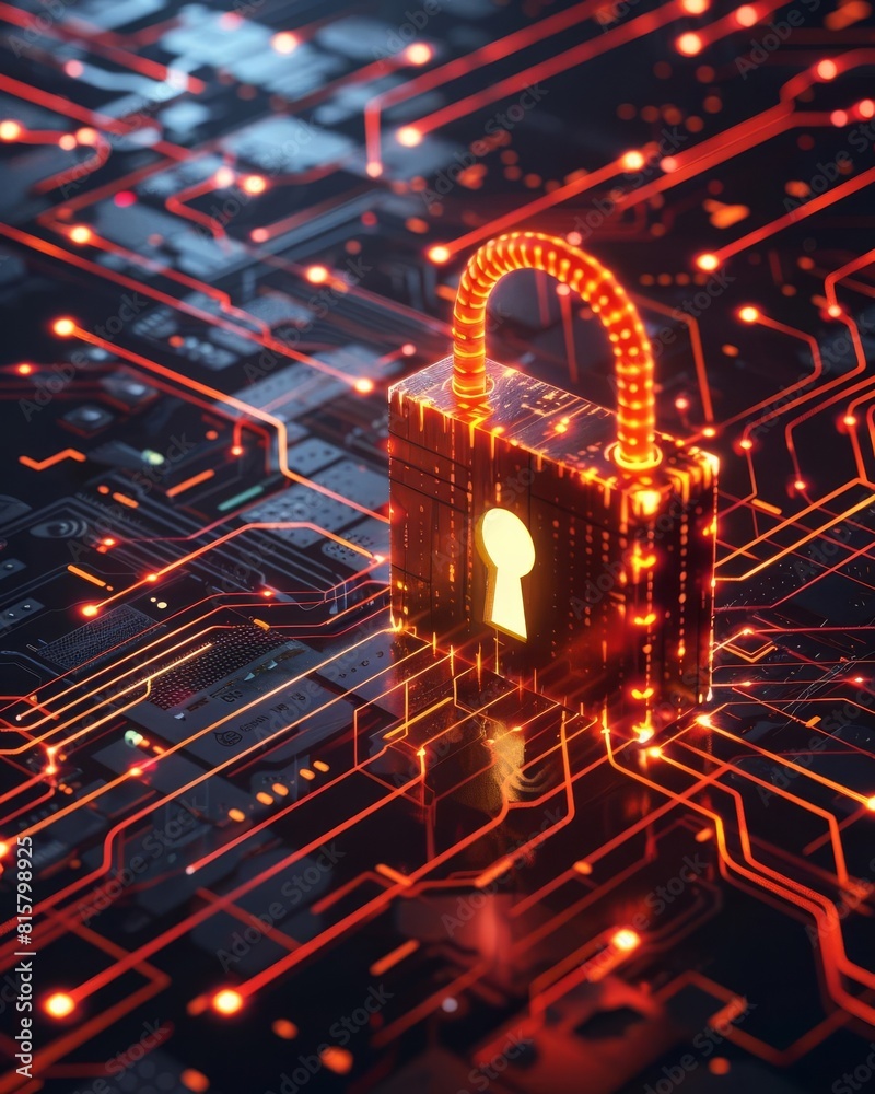Abstract digital security concept with a glowing padlock and data lines ...